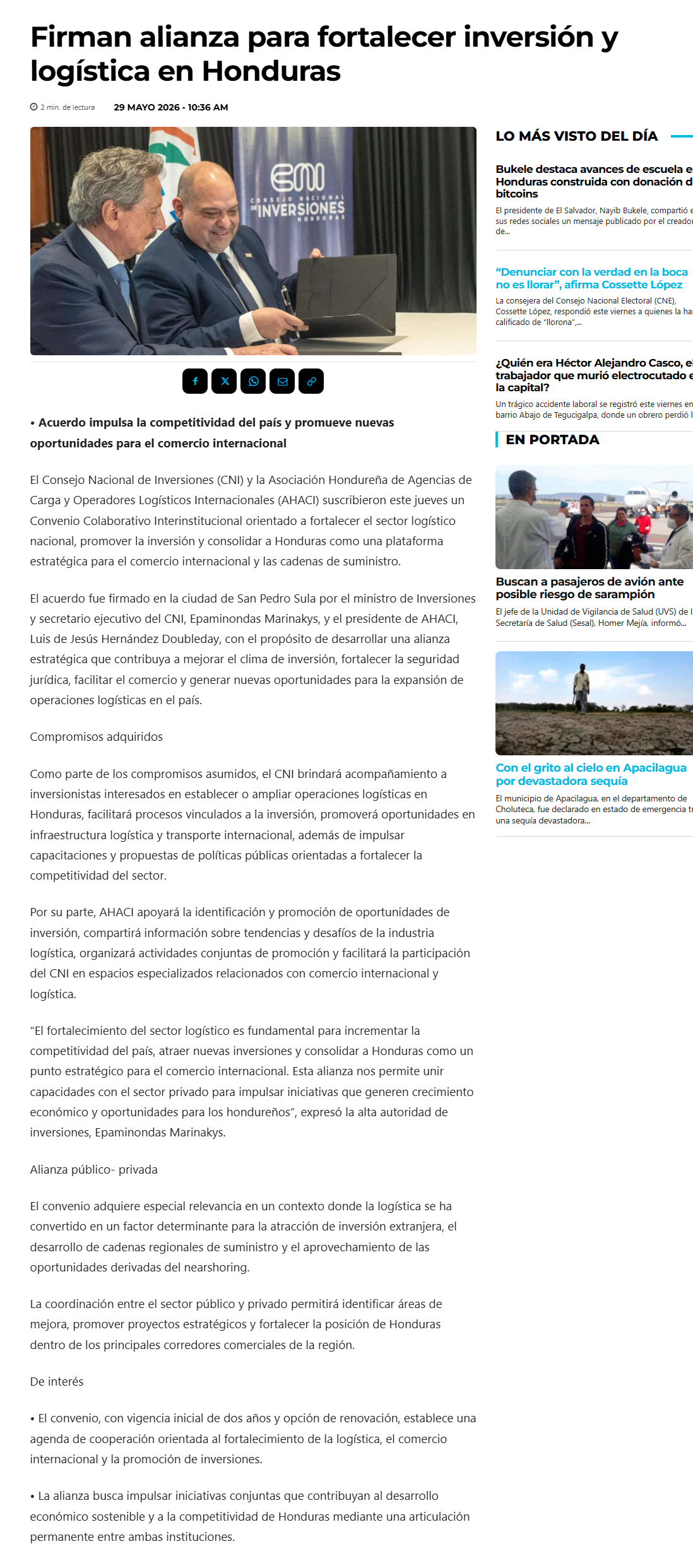 FIRMAN ALIANZA PARA FORTALECER INVERSIÓN Y LOGÍSTICA EN HONDURAS